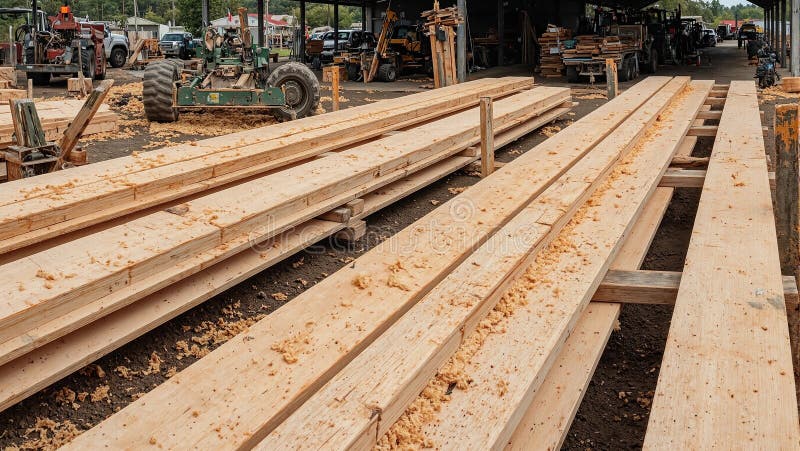 Organized Timber Planks in Outdoor Processing Area with Sawdust Stock ...