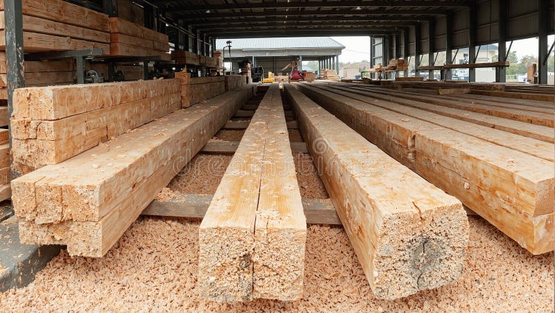 Organized Timber Planks in Outdoor Processing Area with Sawdust Stock ...