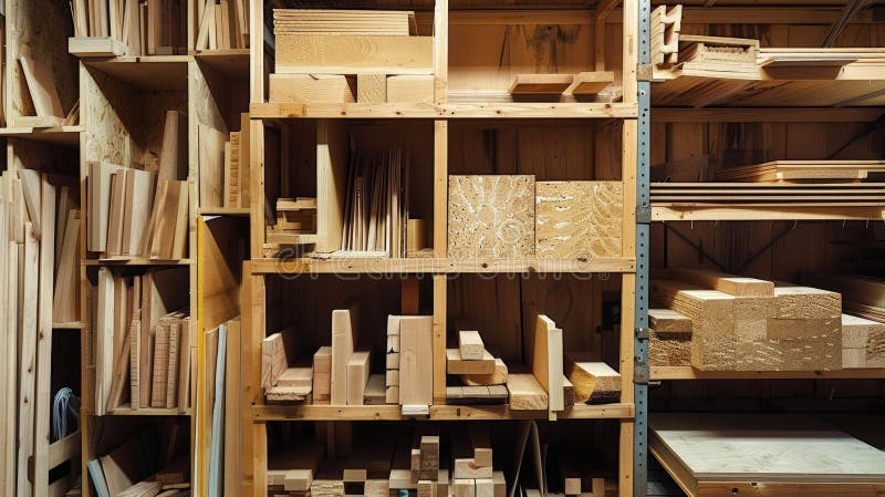 Organized Timber Storage in Woodworking Workshop Stock Photo - Image of ...