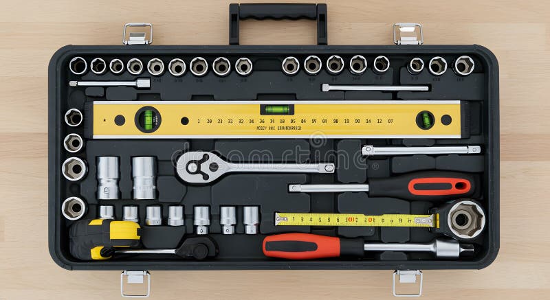 Organized Toolbox with Assorted Tools and Measuring Tape Stock Photo ...