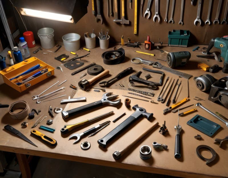 Organized Tools on Workbench in Workshop Stock Image - Image of screws ...