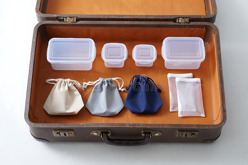 Organized Travel Essentials Containers and Pouches in Open Suitcase ...