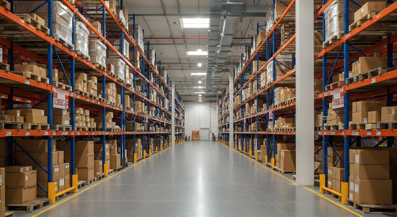Organized Warehouse: Aisles of Pallet Racks with Boxes & Inventory ...