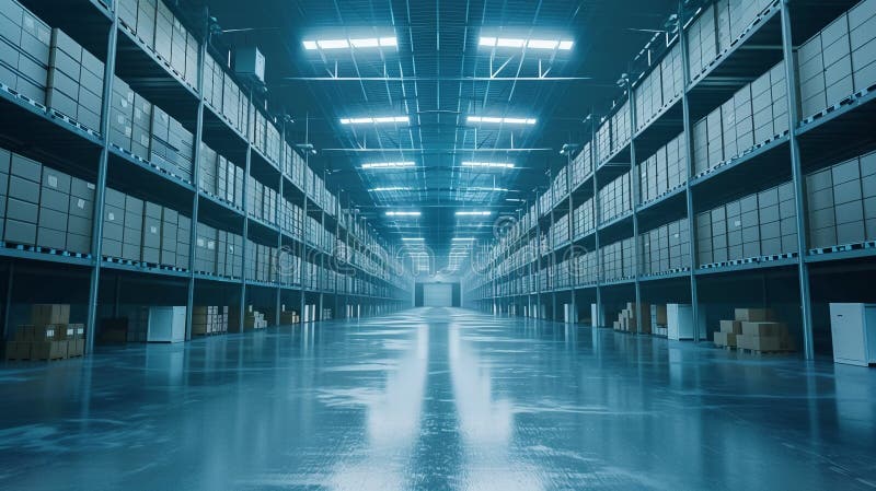 Organized Warehouse Interior with Rows of Shelves and Boxes. Factory ...