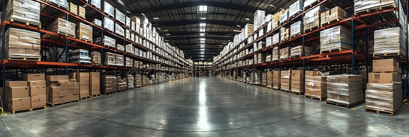 Organized Warehouse Interior with Rows of Tall Shelving Units Stacked ...