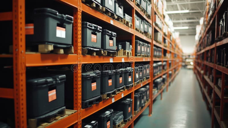 Organized Warehouse Inventory Storage with Rows of Metal Shelving Stock ...