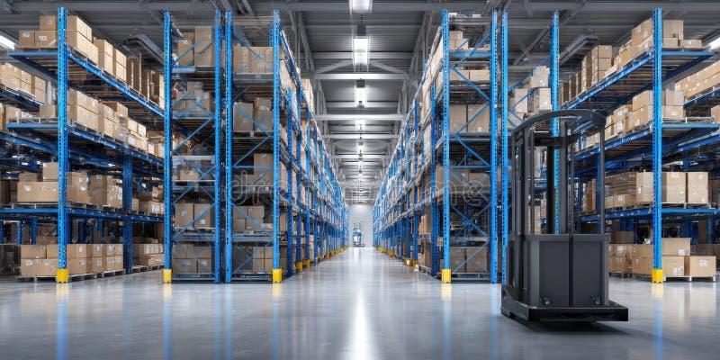 The Organized Warehouse Showcasing Shelves Filled with Neatly Packed Boxes. AI Generated Image ...