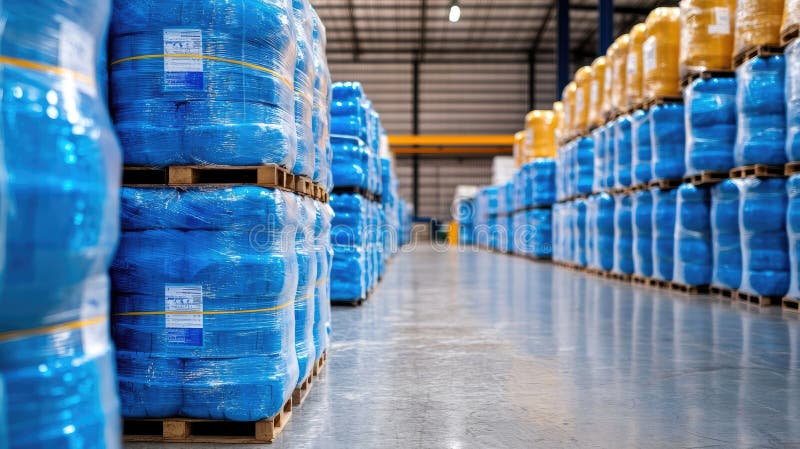 Stacked Blue Plastic Rolls on Pallets in Modern Warehouse Stock Image ...