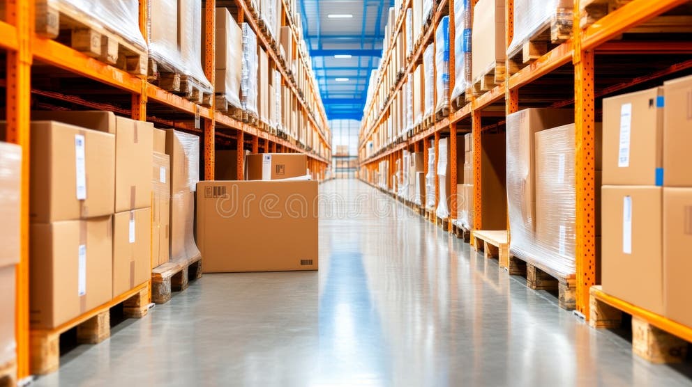 Warehouse Storage Facility with Organized Boxes on Pallets and Bright ...
