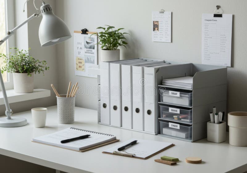 Organized White and Grey Home Office Workspace Stock Illustration ...
