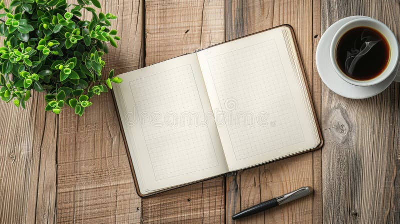 Organized Work Desk with Open Notebook, Pen, Fresh Coffee, and Green ...