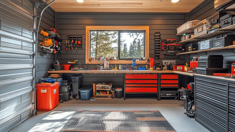 Organized Workshop with Tools, Cabinets, and Workbench in a Garage Stock Illustration ...