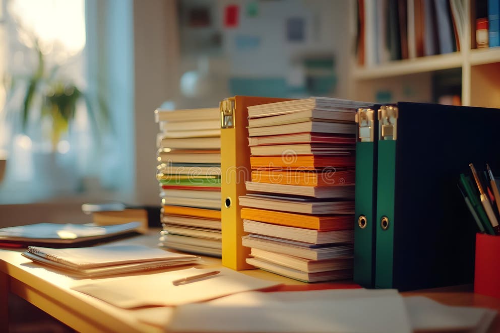 Organized Workspace with Colorful Binders and Stacks of Documents in ...