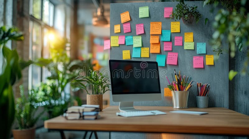 A Modern Workspace with Colorful Sticky Notes on a Teal Wall ...