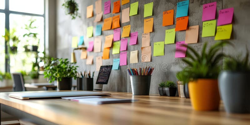 A Modern Workspace with Colorful Sticky Notes on a Teal Wall ...
