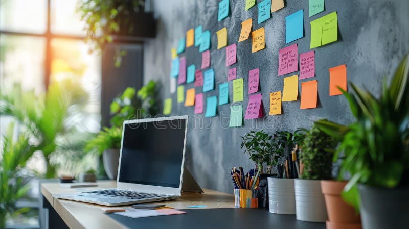 A Modern Workspace with Colorful Sticky Notes on a Teal Wall ...