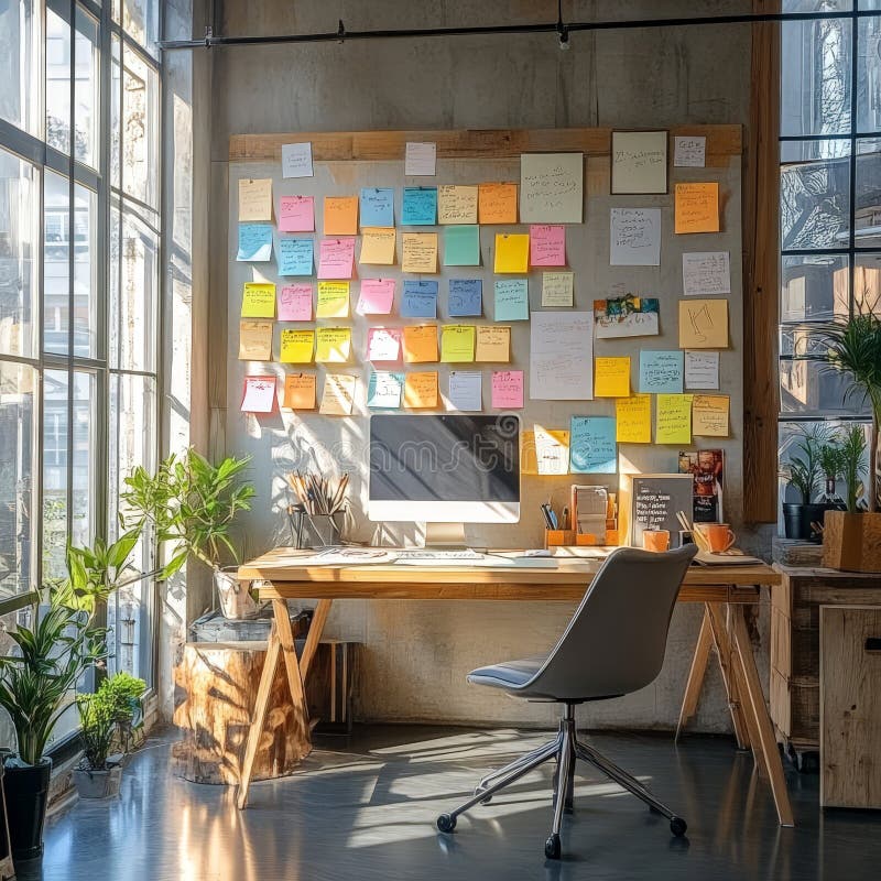 A Modern Workspace with Colorful Sticky Notes on a Teal Wall ...