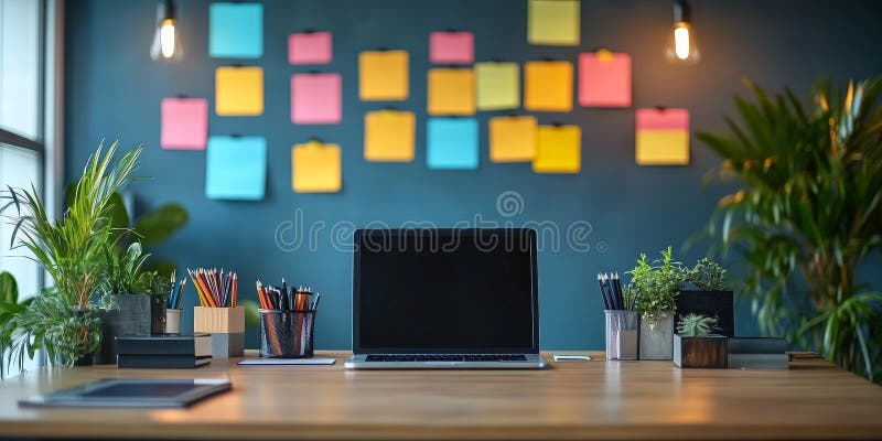 A Modern Workspace with Colorful Sticky Notes on a Teal Wall ...