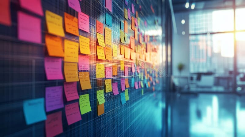 A Modern Workspace with Colorful Sticky Notes on a Teal Wall ...