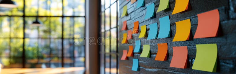 A Modern Workspace with Colorful Sticky Notes on a Teal Wall ...