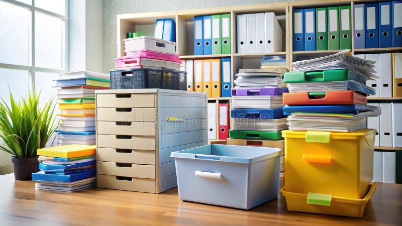 Organized Workspace with Colorful Storage Bins and Stacked Documents in ...