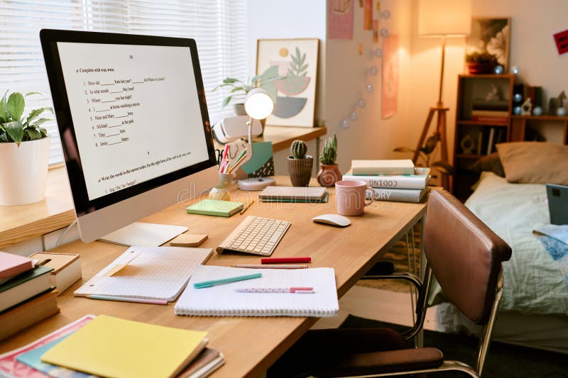 Organized Workspace in Cozy Home Office Setting Stock Image - Image of ...