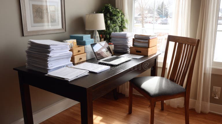 Organized Workspace with Documents and Laptop by a Bright Window in ...
