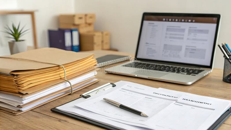 Organized Workspace with Documents, Laptop, and Stationery for Shipment ...