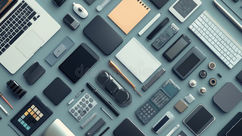 Aerial View of a Modern Workspace with Various Tech Devices, Stationery ...