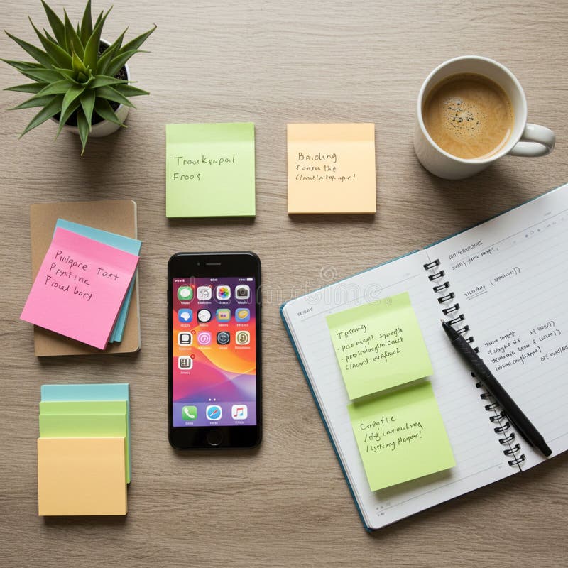 Organized Workspace Featuring a Smartphone Displaying a Colorful Home ...