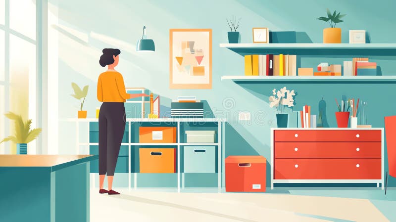 Organized Workspace Illustration: Woman in Modern Office Stock Photo ...