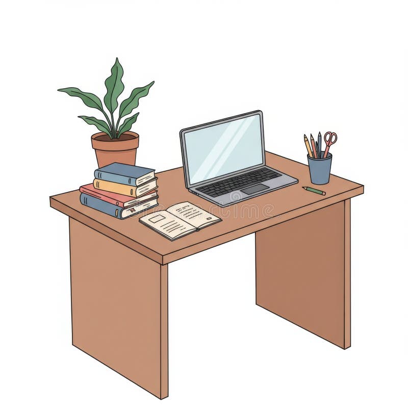 Organized Workspace with Laptop and Books Stock Illustration ...