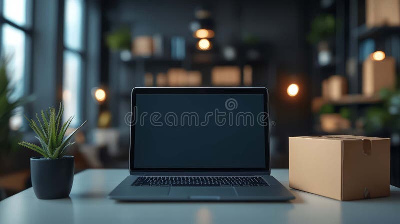 An Organized Workspace with a Laptop, Plant, and Box, Perfect for ...