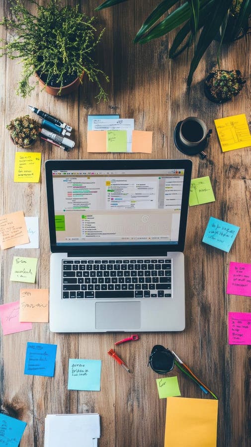 Organized Workspace with Laptop, Sticky Notes, and Coffee Stock Image ...