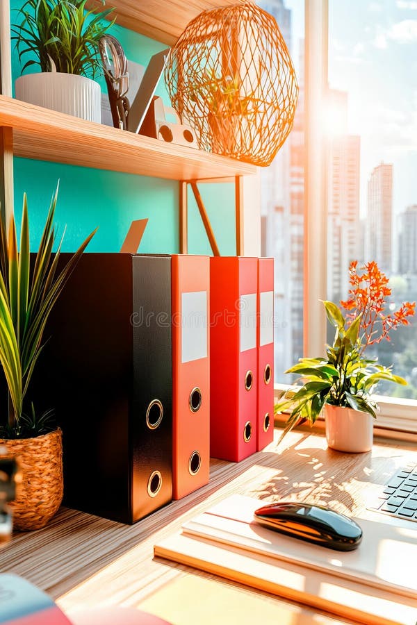 Organized Workspace: Modern Office with Document Binders and City View ...