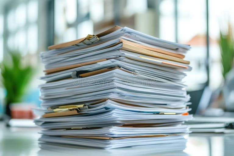 Organized Workspace, Neatly Piled Documents on a White Table, in a ...