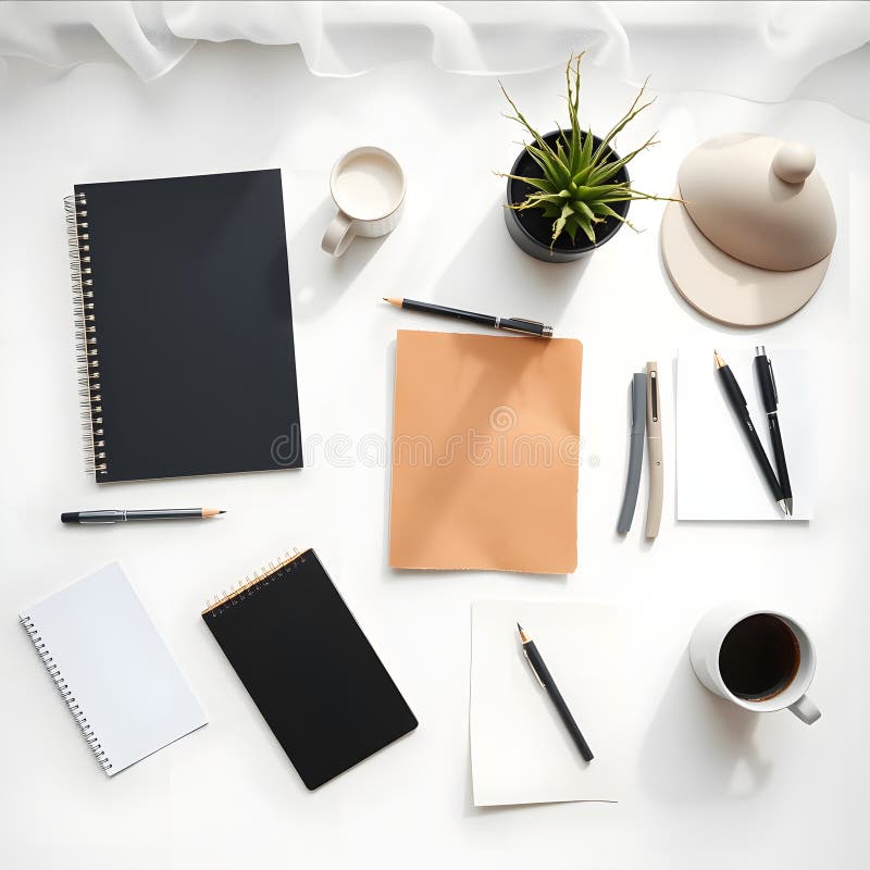 Organized Workspace with Notebooks, Pens, and Coffee in a Bright Room ...