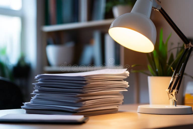 Organized Workspace with Stacked Documents Under Lamp Light in a Modern ...
