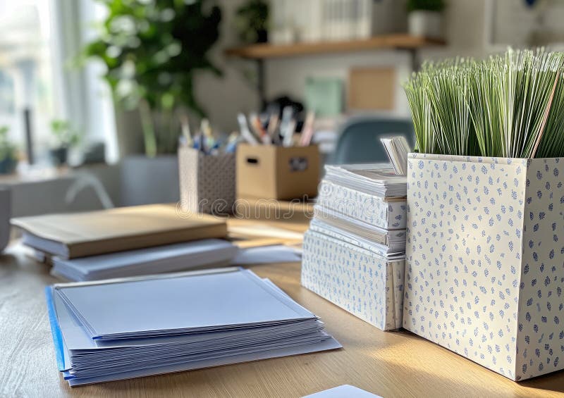Organized Workspace with Stationery and Plants in a Bright Office ...