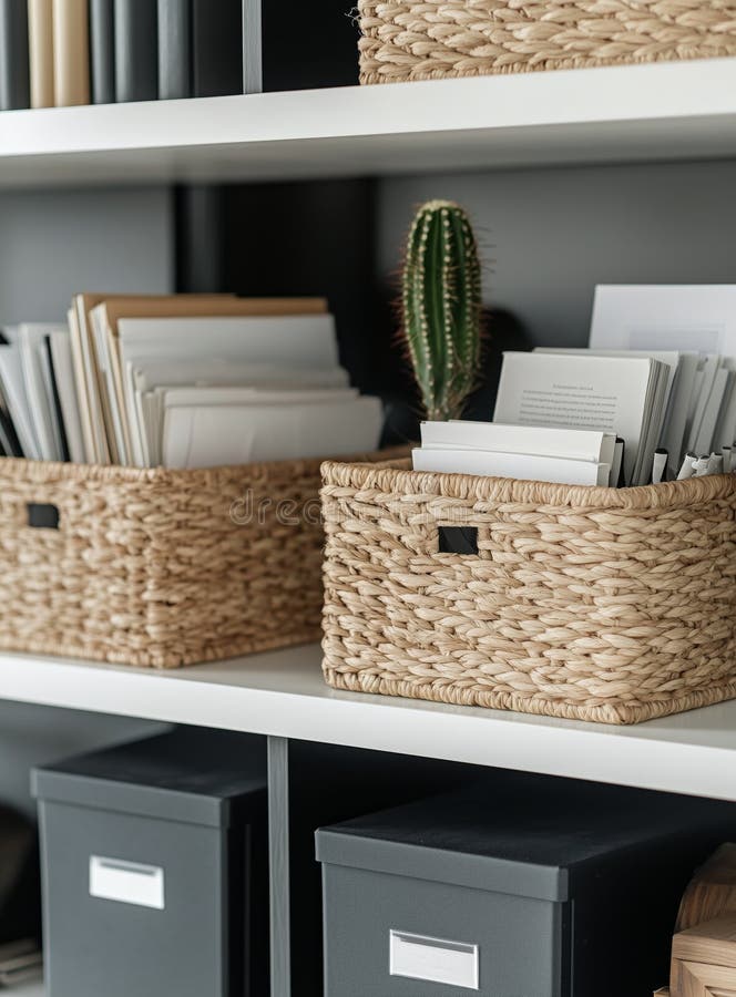 Organized Workspace with Wicker Baskets and a Cactus on a Shelf Stock Image - Image of texture ...