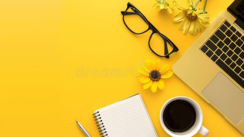 Organized Workspace on a Yellow Desk Viewed from Above Stock ...