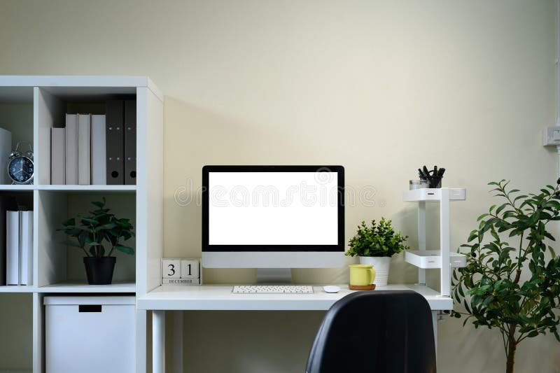 Organized Workstation Blank Computer Screen Potted Plants, and Calendar ...