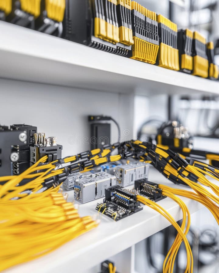 Organized Yellow and Black Electrical Components on White Shelves Stock ...