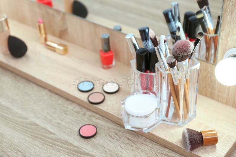 Organizer with Cosmetic Products for Makeup on Table Stock Image ...
