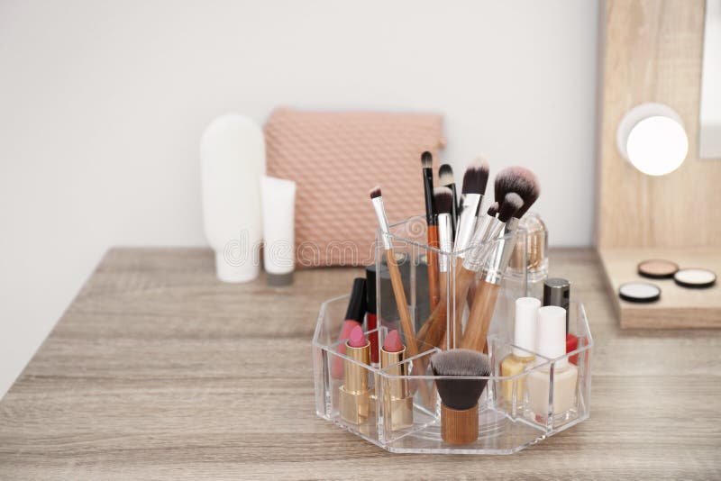 Organizer with Cosmetic Products for Makeup on Table Stock Image ...