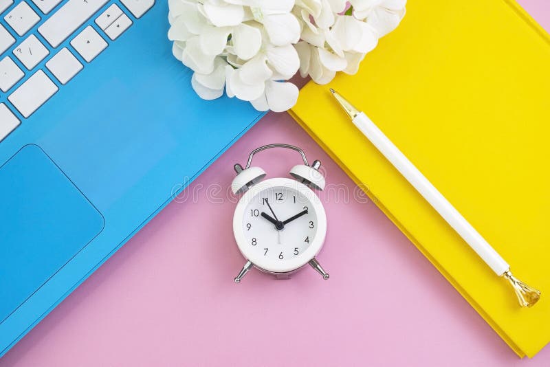 Organizer, Pen, Yellow Diary, Clock, Coffee and Blue Notebook on Pink ...