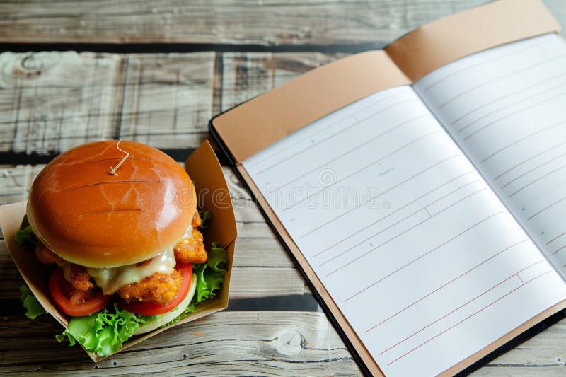 Organizer Planner Open Next To a Neatly Wrapped Chicken Burger Stock ...