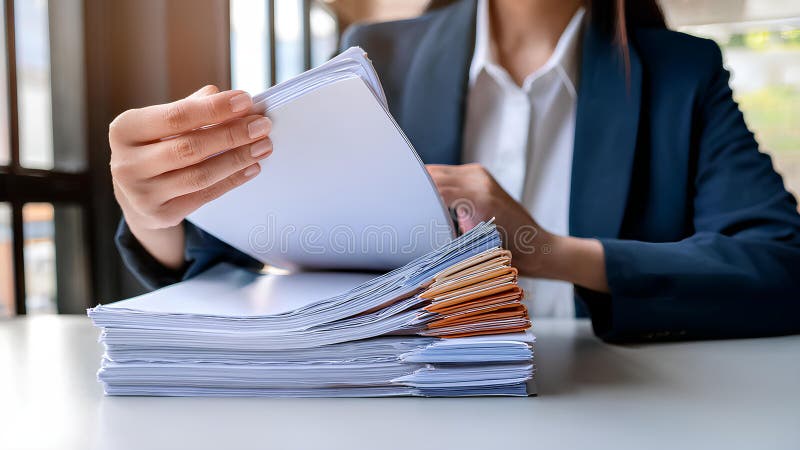 A Businesswoman Looks through a Stack of Paper Files on Her Office Desk ...