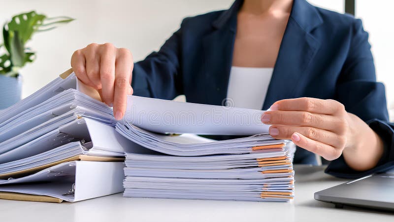 A Businesswoman Looks through a Stack of Paper Files on Her Office Desk ...
