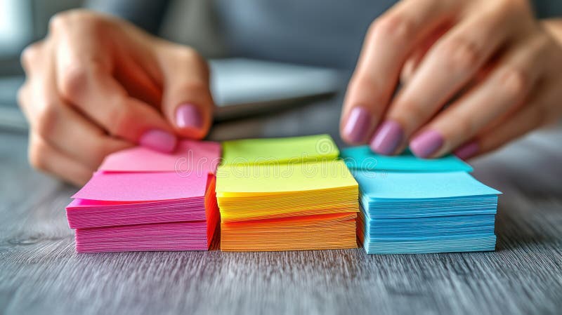 Organizing Colorful Sticky Notes on Wooden Table for Effective Planning ...